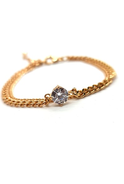 Pag Accessories Altın Kaplama Çelik Çift Zincir Detaylı Tek Zirkon Taşlı Bileklik
