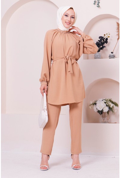 İmaj Butik Yaka Inci Detaylı Tesettür Takım/camel