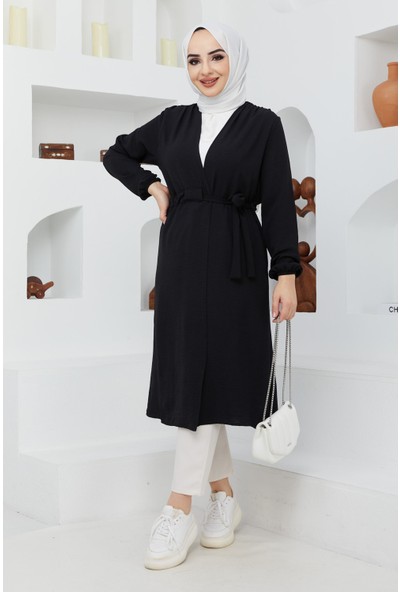 İmaj Butik Bel Bağlama Detaylı Tesettür Ayrobin Kap/siyah