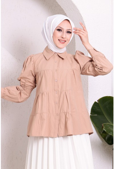 İmaj Butik Karpuz Kol Kat Kesim Tesettür Gömlek/vizon