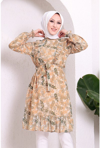 İmaj Butik Yaprak Desenli Şifon Astarlı Tesettür Tunik/hardal
