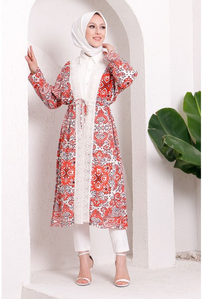İmaj Butik Güpür Detaylı Desenli Tesettür Kimono/somon İmaj Butik Güpür Detaylı Desenli Tesettür Kimono/somon