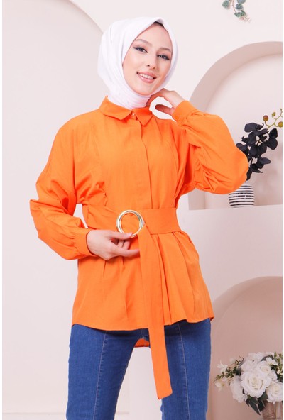 İmaj Butik Halka Kuşak Detaylı Pileli Tesettür Gömlek/turuncu İmaj Butik Halka Kuşak Detaylı Pileli Tesettür Gömlek/turuncu