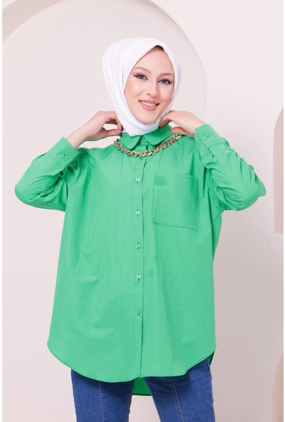 İmaj Butik Zincir Kolye Detaylı Tesettür Gömlek/yeşil