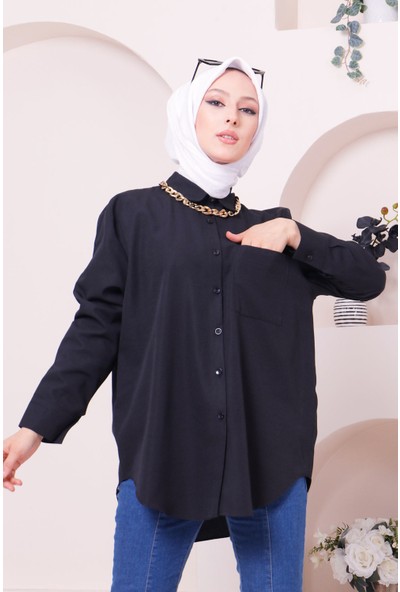 İmaj Butik Zincir Kolye Detaylı Tesettür Gömlek/siyah