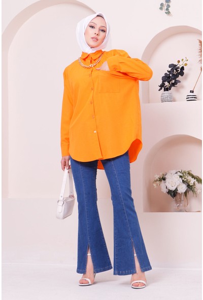 İmaj Butik Zincir Kolye Detaylı Tesettür Gömlek/turuncu