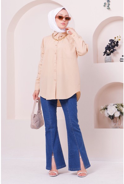 İmaj Butik Zincir Kolye Detaylı Tesettür Gömlek/bej