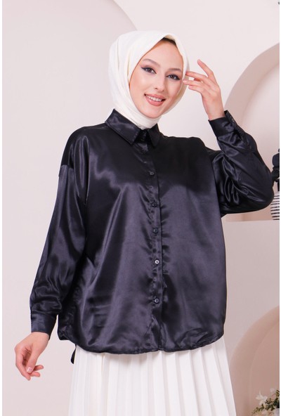 İmaj Butik Saten Tesettür Gömlek/siyah