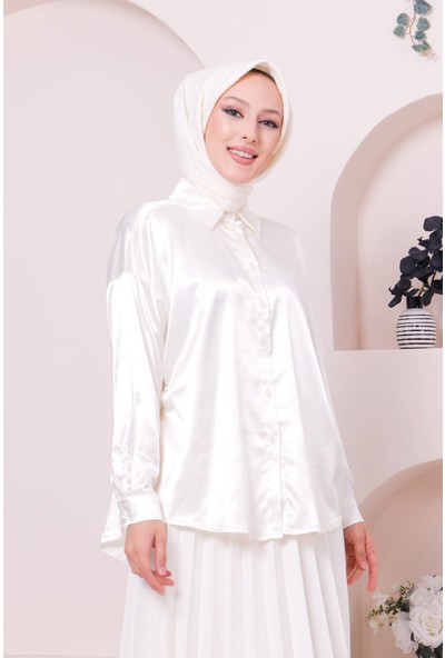 İmaj Butik Saten Tesettür Gömlek/beyaz