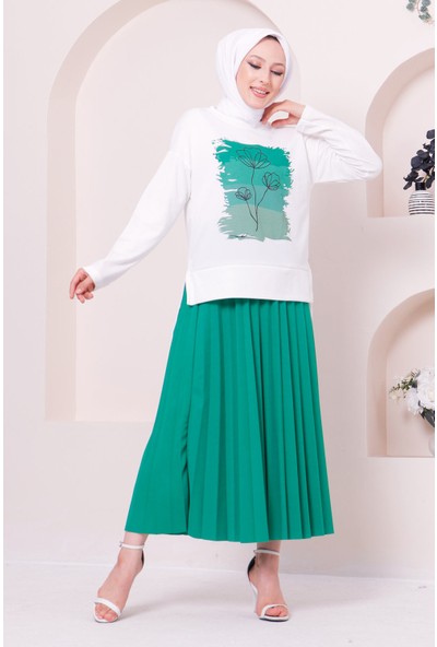 İmaj Butik Üst Baskı Detaylı Sweat Etekli Tesettür Takım/yeşil