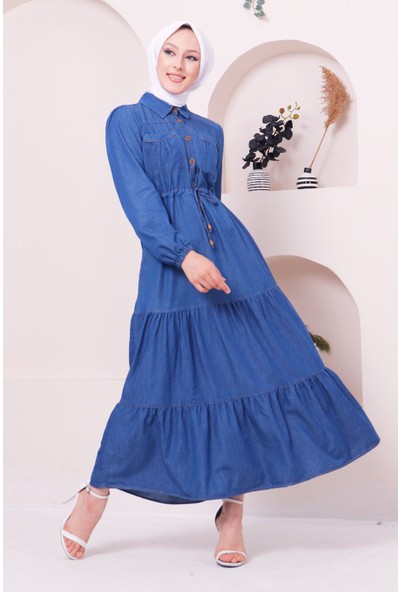 İmaj Butik Cep Detaylı Düğmeli Tesettür Kot Elbise/koyu Mavi