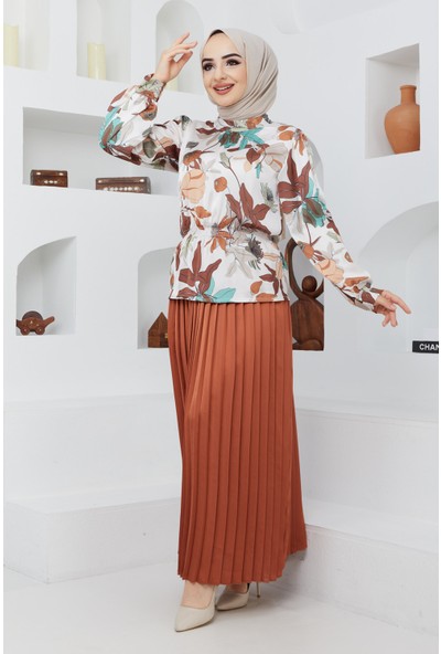 İmaj Butik Beli Büzgülü Saten Tesettür Ikili Takım/kiremit