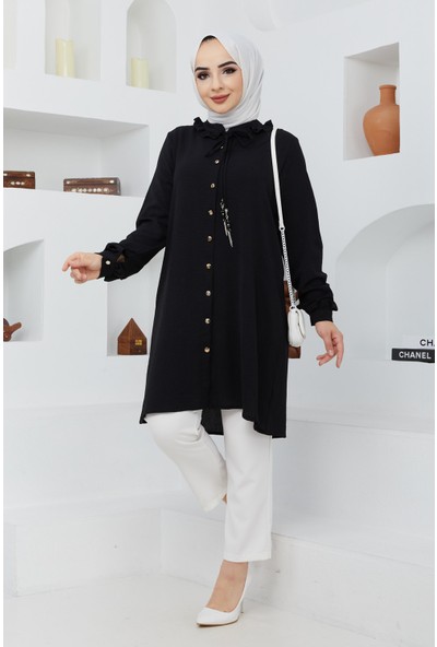 İmaj Butik Büyük Beden Önden Düğmeli Tesettür Tunik/siyah