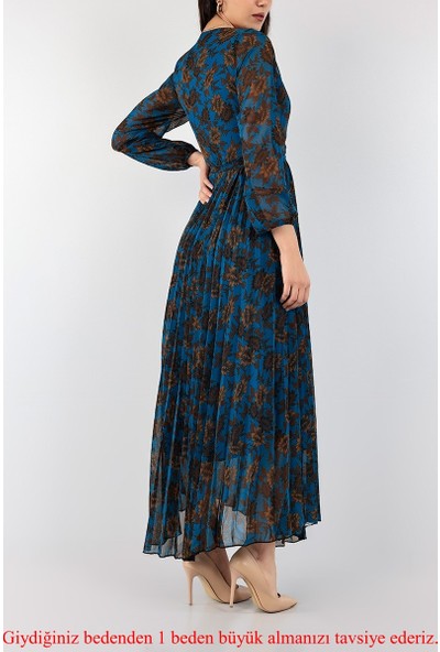 Pileli Astarlı Şifon Kemerli Elbise