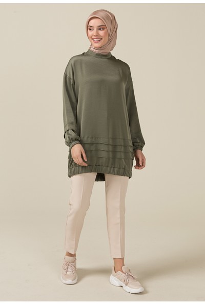 Haki Etek ve Kolu Pile Detaylı Tunik 2214055
