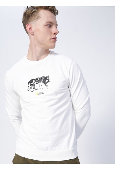 National Geographic Kaplan Bisiklet Yaka Standart Kalıp Baskılı Beyaz Erkek Sweatshirt