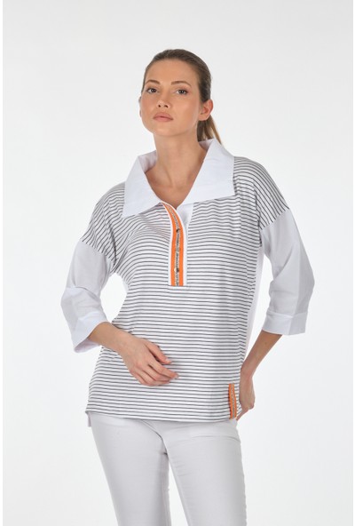 Vedi Gömlek Yaka Çizgili Truvakar Kol Ekru Kadın Bluz 22122034