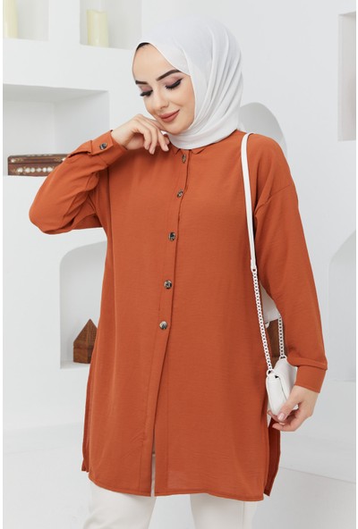 İmaj Butik Yan Yırtmaç Detaylı Ayrobin Tesettür Tunik/kiremit