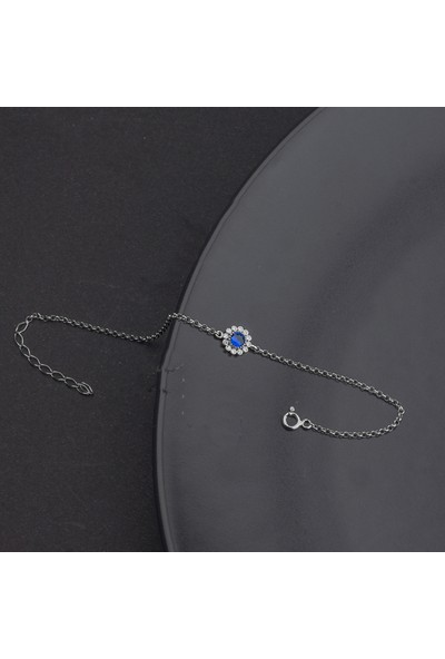 Ravza Gümüş 925 Ayar Gümüş Zirkon Safir Taşlı Papatya Bileklik