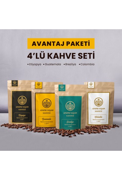 Apayrı Yaşam 4'lü Kahve Seti, Avantaj Paket 4X200 gr Filtre Kahve Paket Etiyopya, Guatemala, Brezilya, Kolombiya Apayrı Yaşam 4'lü Kahve Seti, Avantaj Paket 4X200 gr Filtre Kahve Paket Etiyopya, Guatemala, Brezilya, Kolombiya