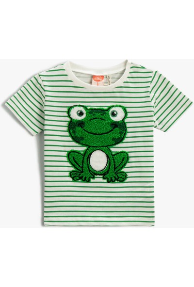 Koton Kurbağa Desenli Çizgili Tişört Kısa Kollu Bisiklet Yaka Pamuklu