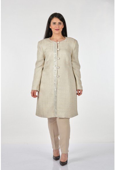 Gala-Xi Yuvarlak Yaka Büyük Beden Desenli Uzun Kollu Bej Kadın Kap 2011101