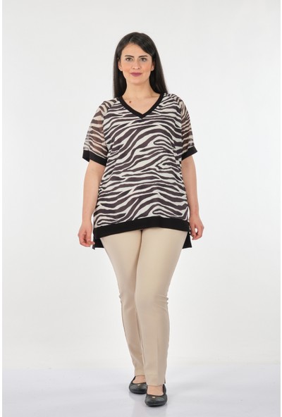 Vedi-Bb V Yaka Büyük Beden Desenli Kısa Kollu Siyah Kadın Tunik 22122097