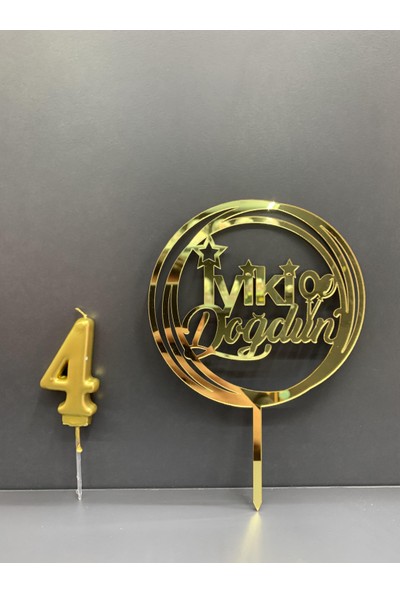 4 Yaş Rakam Mum + Iyiki Doğdun Pleksi Yazı Gold Konsept