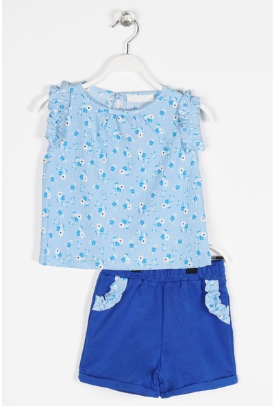 Kız Çocuk Çiçek Baskılı Beli Lastikli Cepli Şortlu Takım 5-8 Yaş