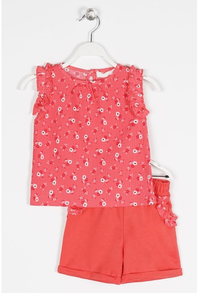 Zepkids Kız Çocuk Çiçek Baskılı Beli Lastikli Cepli Şortlu Takım 5-8 Yaş