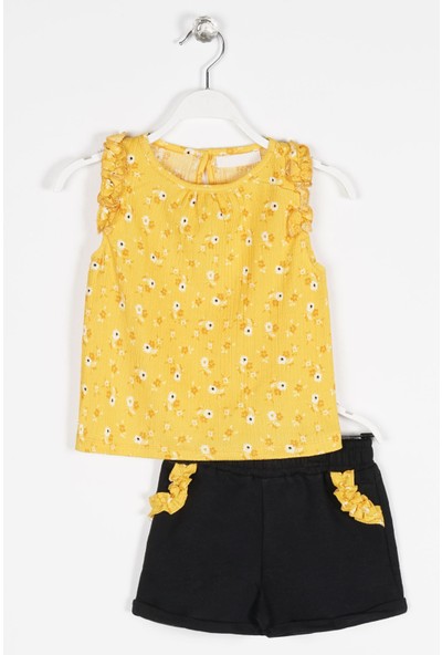 Zepkids Kız Çocuk Çiçek Baskılı Beli Lastikli Cepli Şortlu Takım 5-8 Yaş
