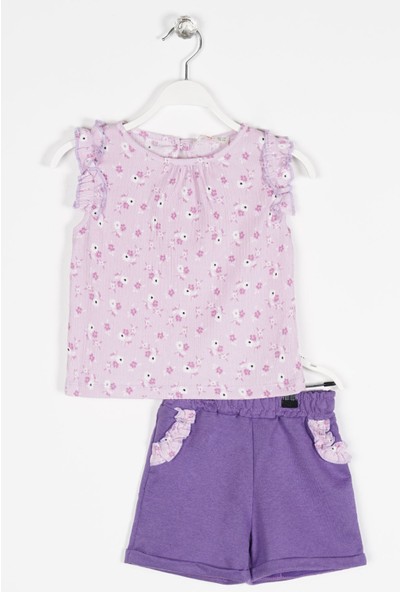 Zepkids Kız Çocuk Çiçek Baskılı Beli Lastikli Cepli Şortlu Takım 5-8 Yaş