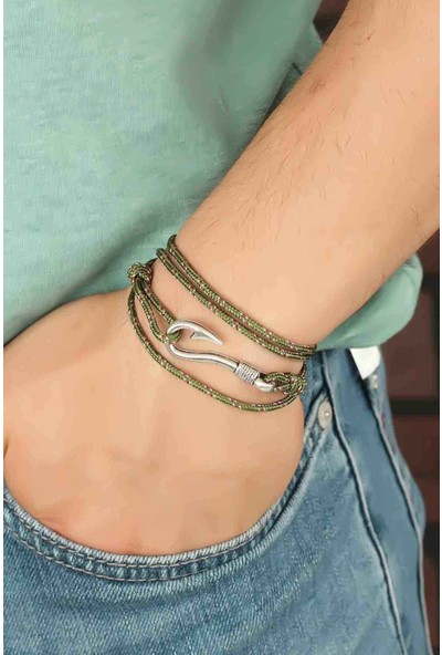 Karazona Erkek Yeşil Desenli Metal Çapalı Bileklik KZ-EB2260