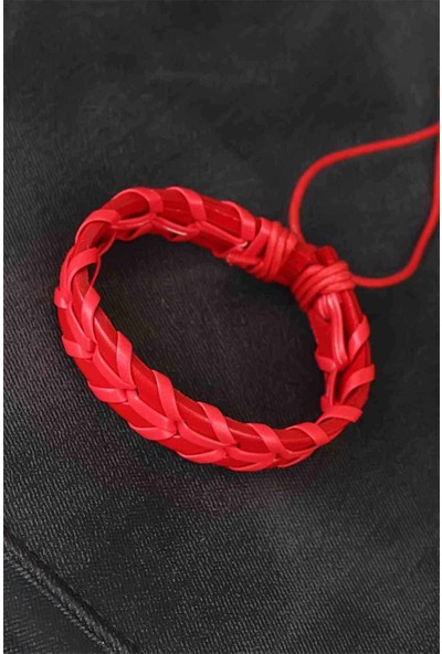 Karazona Erkek Kırmızı Örgü Deri Bileklik KZ-EB1852 Karazona Erkek Kırmızı Örgü Deri Bileklik KZ-EB1852
