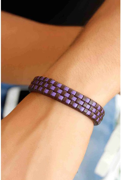 Karazona Erkek Mor ve Kahverengi Deri Dama Desenli Tasarım Bileklik KZ-EB1002