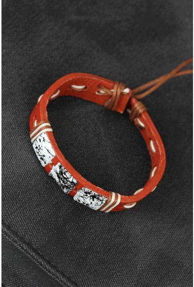 Karazona Erkek Mermer Taşlı Kahverengi Deri Bileklik KZ-EB1867