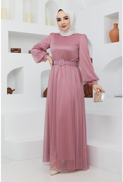 İmaj Butik Balon Kol Simli Kemerli Tesettür Abiye/pembe İmaj Butik Balon Kol Simli Kemerli Tesettür Abiye/pembe