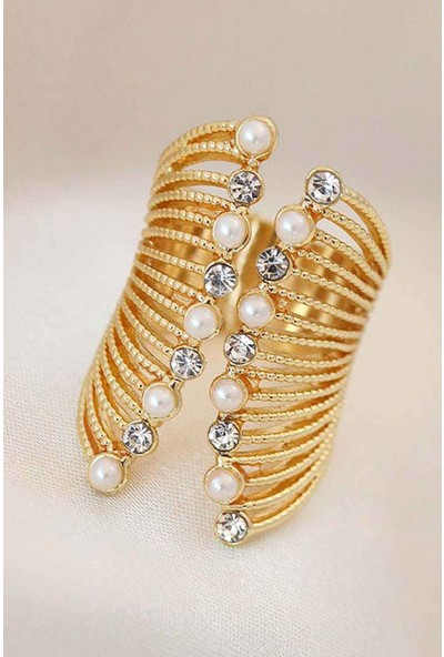 Karazona Kadın Önden Ayarlamalı Altın Renk Metal Zirkon Taşlı ve Inci Sıralı Yüzük KZ-BYK2034 Karazona Kadın Önden Ayarlamalı Altın Renk Metal Zirkon Taşlı ve Inci Sıralı Yüzük KZ-BYK2034