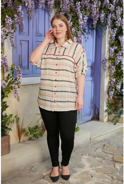 Elsin Butik Kadın Büyük Beden Füme Çizgili Truvakar Kol Gömlek ELSO4945