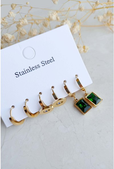 Armerdo Kadın Gold Kristal Taşlı 6'lı Halka Çelik Küpe