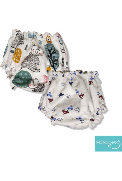 Tilkili Ayılar Bordo Mavi Arabalar Sıvı Geçirmez Külot 2'li Alıştırma Külodu, Mayo, Şort