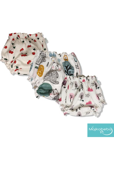 Salkım Kiraz Tilkili Ayılar Mantarlı Orman Sıvı Geçirmez Külot 3'lü Alıştırma Külodu, Mayo, Şort