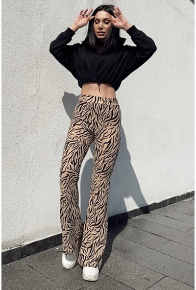 Bej Krep Kumaş Leopar Desenli Yüksek Bel Likralı Ispanyol Paça Pantolon - KAD3325558 Bej Krep Kumaş Leopar Desenli Yüksek Bel Likralı Ispanyol Paça Pantolon - KAD3325558