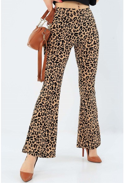 Siyah-Bej Krep Kumaş Leopar Desenli Yüksek Bel Likralı Ispanyol Paça Pantolon - KAD3325558 Siyah-Bej Krep Kumaş Leopar Desenli Yüksek Bel Likralı Ispanyol Paça Pantolon - KAD3325558