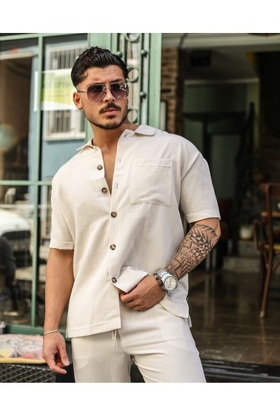 PremiumBrandsTurkey Pbt Taşlı Beyaz Keten Gömlek