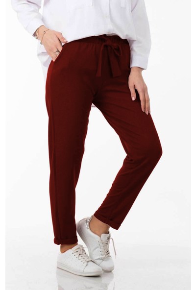 Osislette Bordo Kadın Cepli Kuşak Detaylı Sosyete Şalvarı Eşofman Altı
