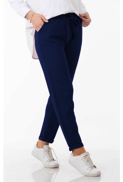 Osislette Mavi Kadın Cepli Kuşak Detaylı Sosyete Şalvarı Eşofman Altı