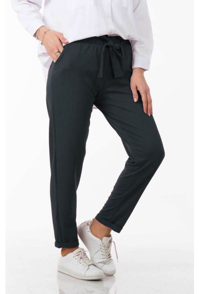 Osislette Siyah Kadın Cepli Kuşak Detaylı Sosyete Şalvarı Eşofman Altı