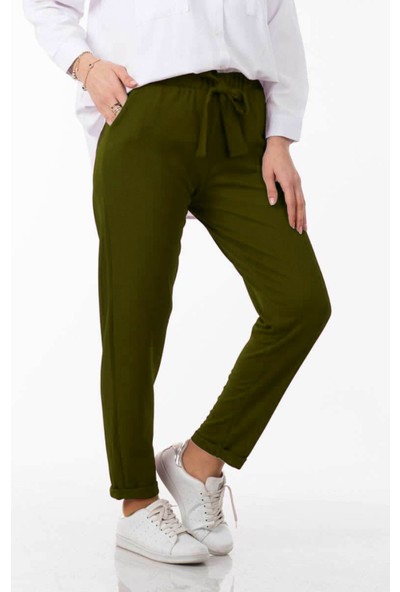 Osislette Haki Kadın Cepli Kuşak Detaylı Sosyete Şalvarı Eşofman Altı