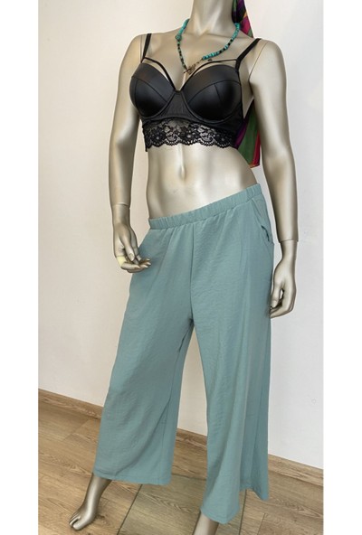 Pırıltılina Kadın Mint Yeşili Renk Beli Lastikli Palazzo Pantolon